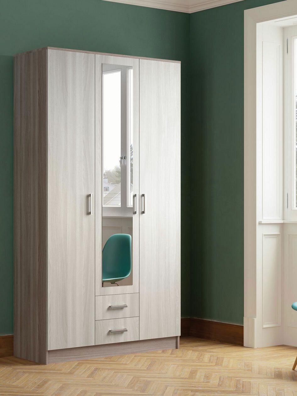 Распашной шкаф для одежды и хранения вещей Трио с полками, с ящиками, с зеркалом, 120х49х220 см, Ясень Шимо светлый