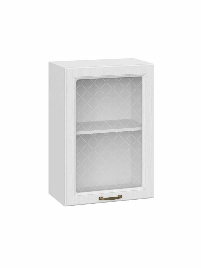 Кухонный модуль навесной, шкаф Флоренс с полками, с доводчиками, со стеклом, 50х29.6х72 см, Белый / Белый текстурный