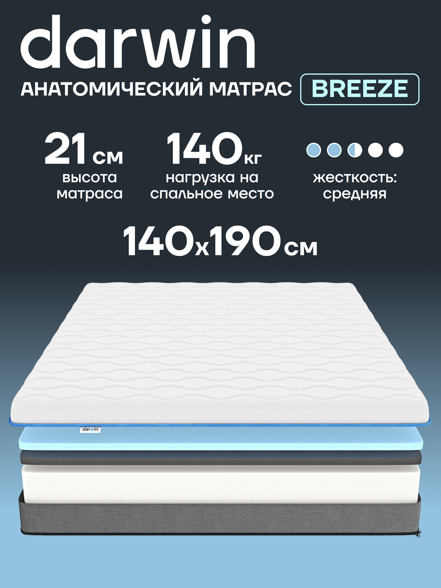 Матрас с эффектом памяти Darwin Breeze беспружинный, анатомический, ортопедический 140х190 см, высота 21 см