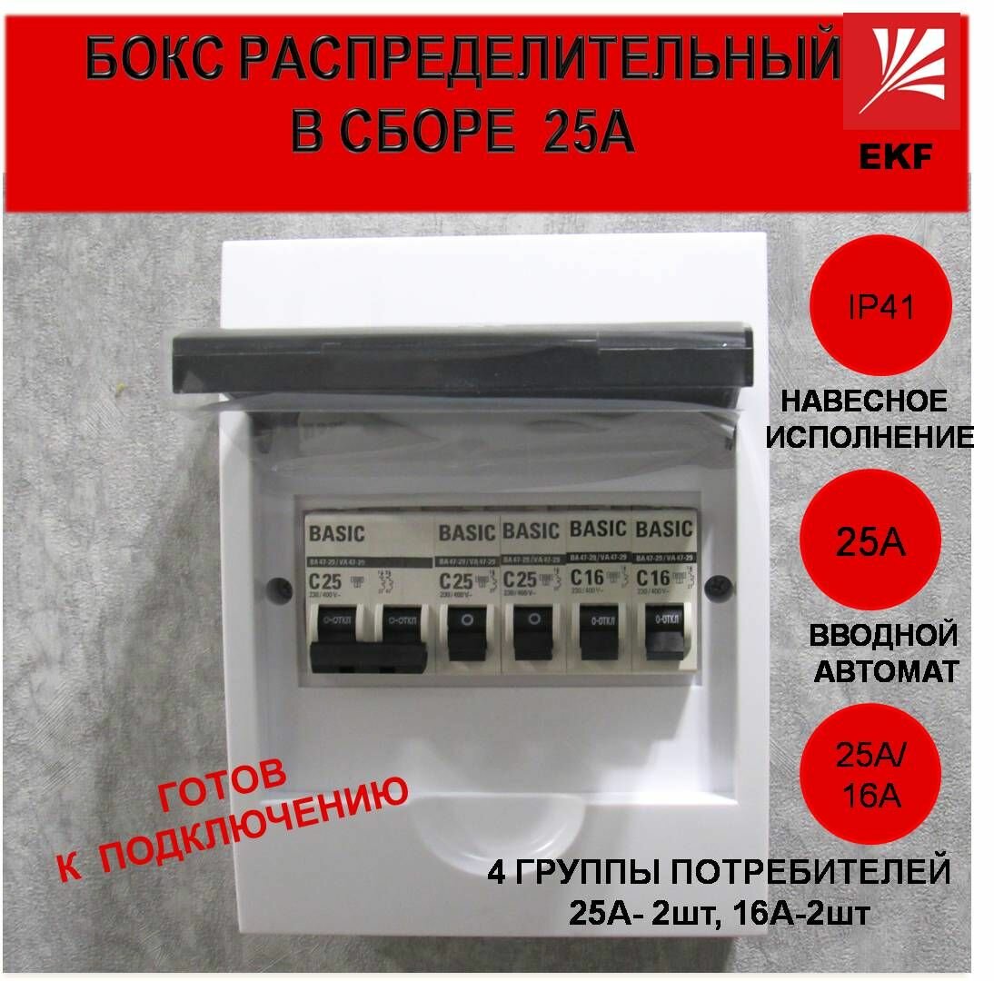 EKF. Щит распределительный в сборе ЩРН-П-6 в сборе (Ввод 25А, отходящий 25/25/16/16А, навесной, с дверью) EKF