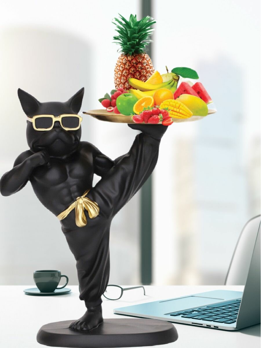 Статуэтка интерьерная французский бульдог в современном стиле, декоративная подставка для мелочей, конфетница, собака с подносом