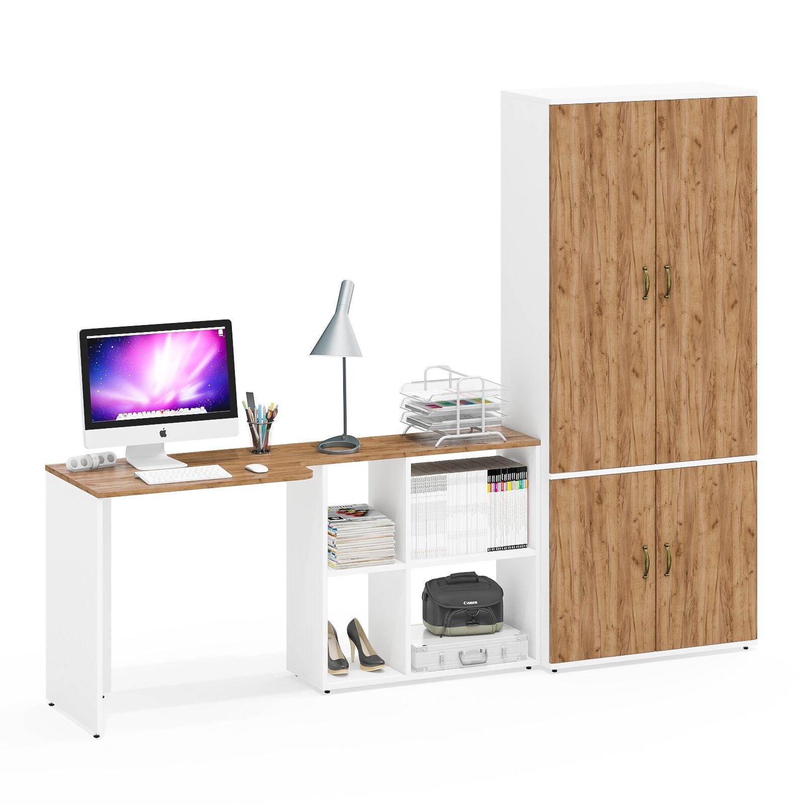 Платяной шкаф Лидер-8 и стол-трансформер, белый шагрень/крафт золото, 245х50х190 см.