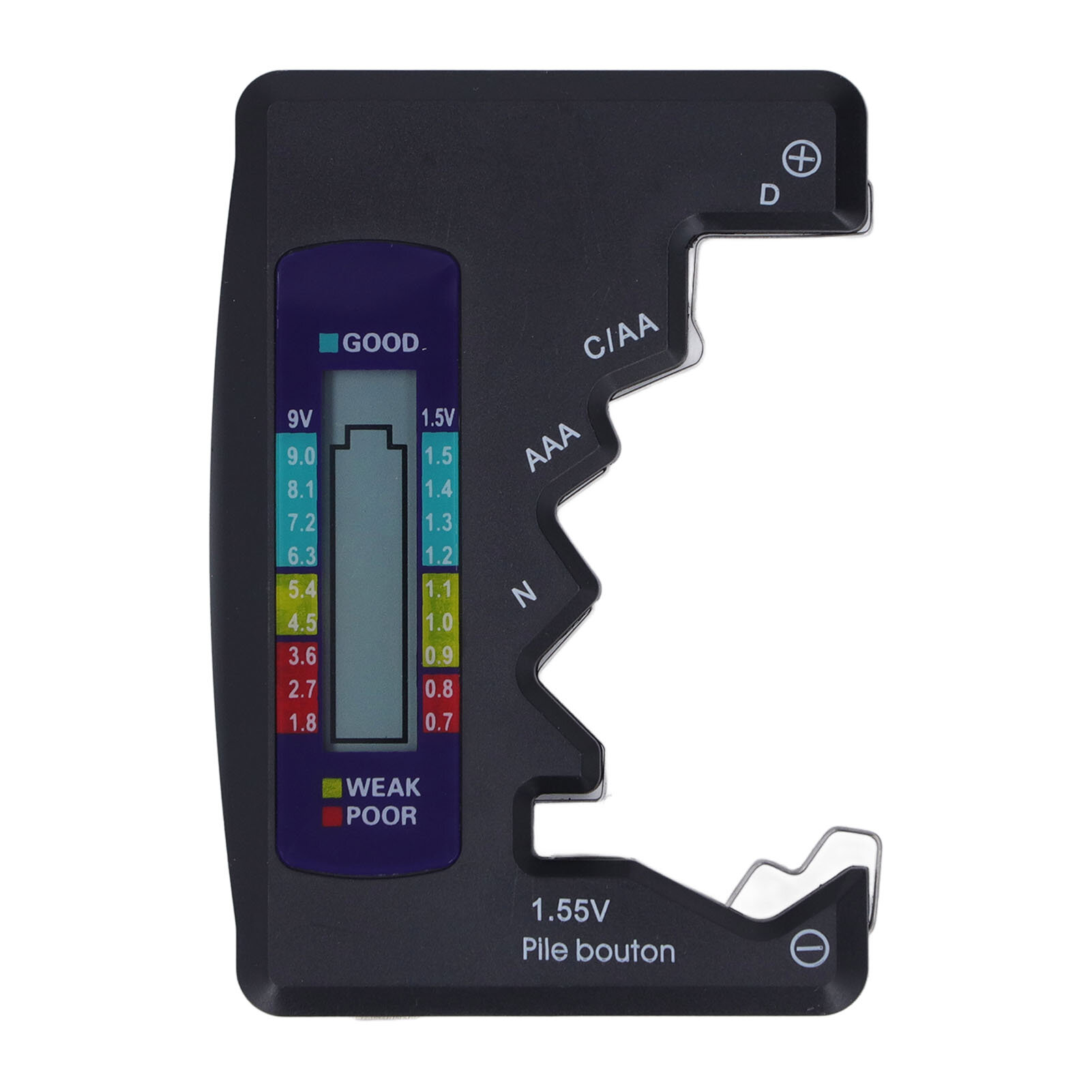 Цифровой тестер батарей ABS с ЖК-экраном, для проверки батареек типа «таблетка» (1,5 В - 9 В), черный.