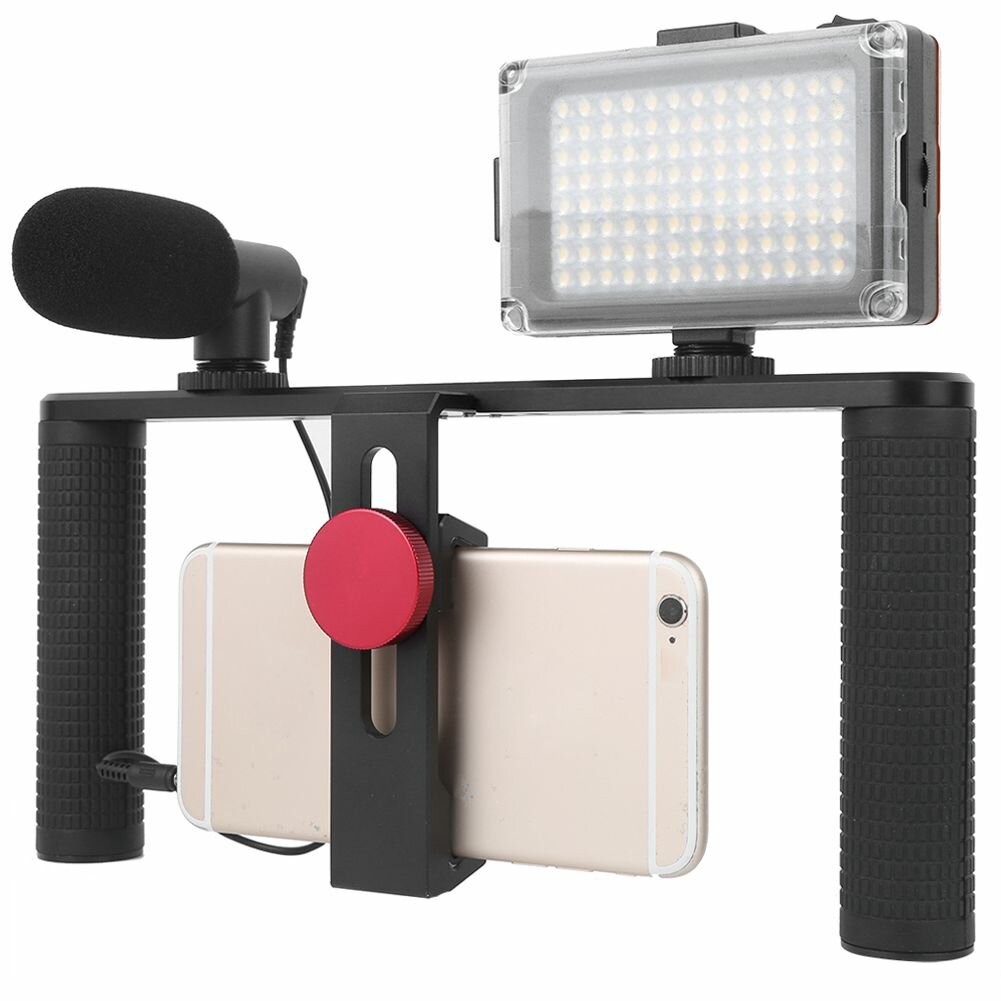 Держатель мобильного телефона с двумя руками для видеосъемки и прямых трансляций, антикоррозийный алюминиевый сплав, 40-92мм, включая микрофон и заполнение света