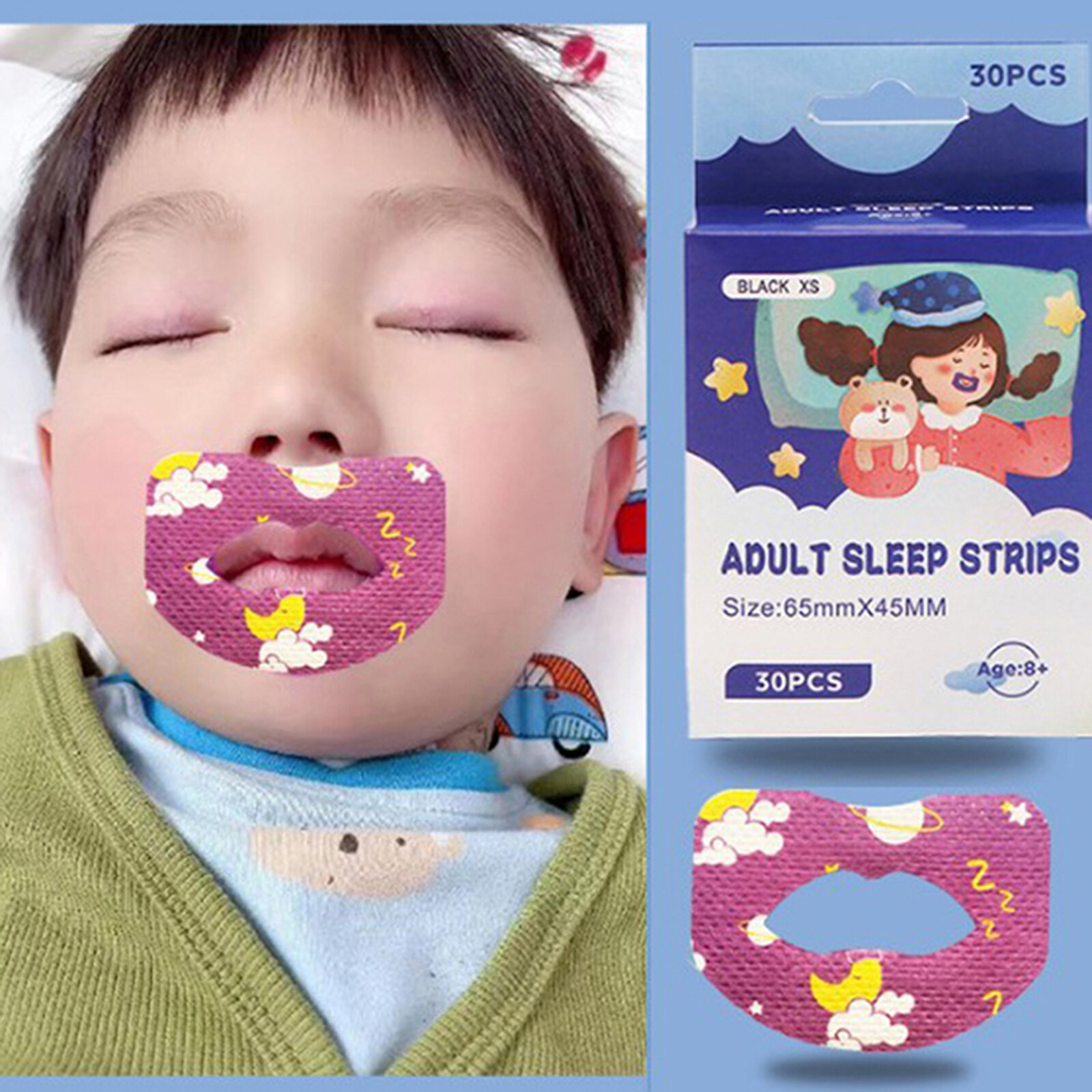 Детские полоски для сна (30 штук), дизайн формы рта против удушья, ротовые пластыри, растягивающиеся повязки для сна при ленивом глазе, помогают носовому дыханию, мягко уменьшают дыхание через рот, фиолетовые.