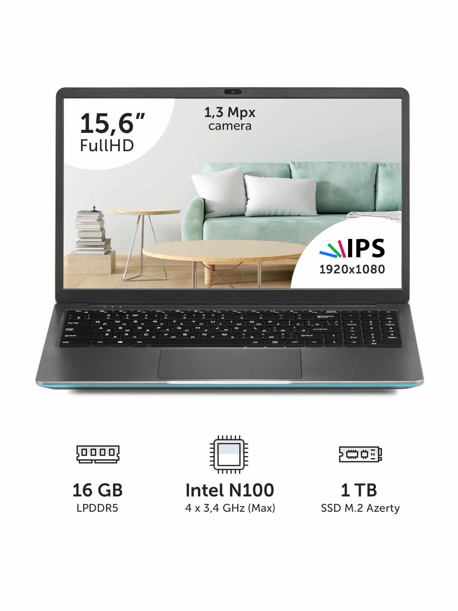 Ноутбук Azerty RB-1556 (15.6" IPS 1920x1080, Intel N100 4x0.8Ghz, 16Gb LPDDR5, 1Tb SSD)