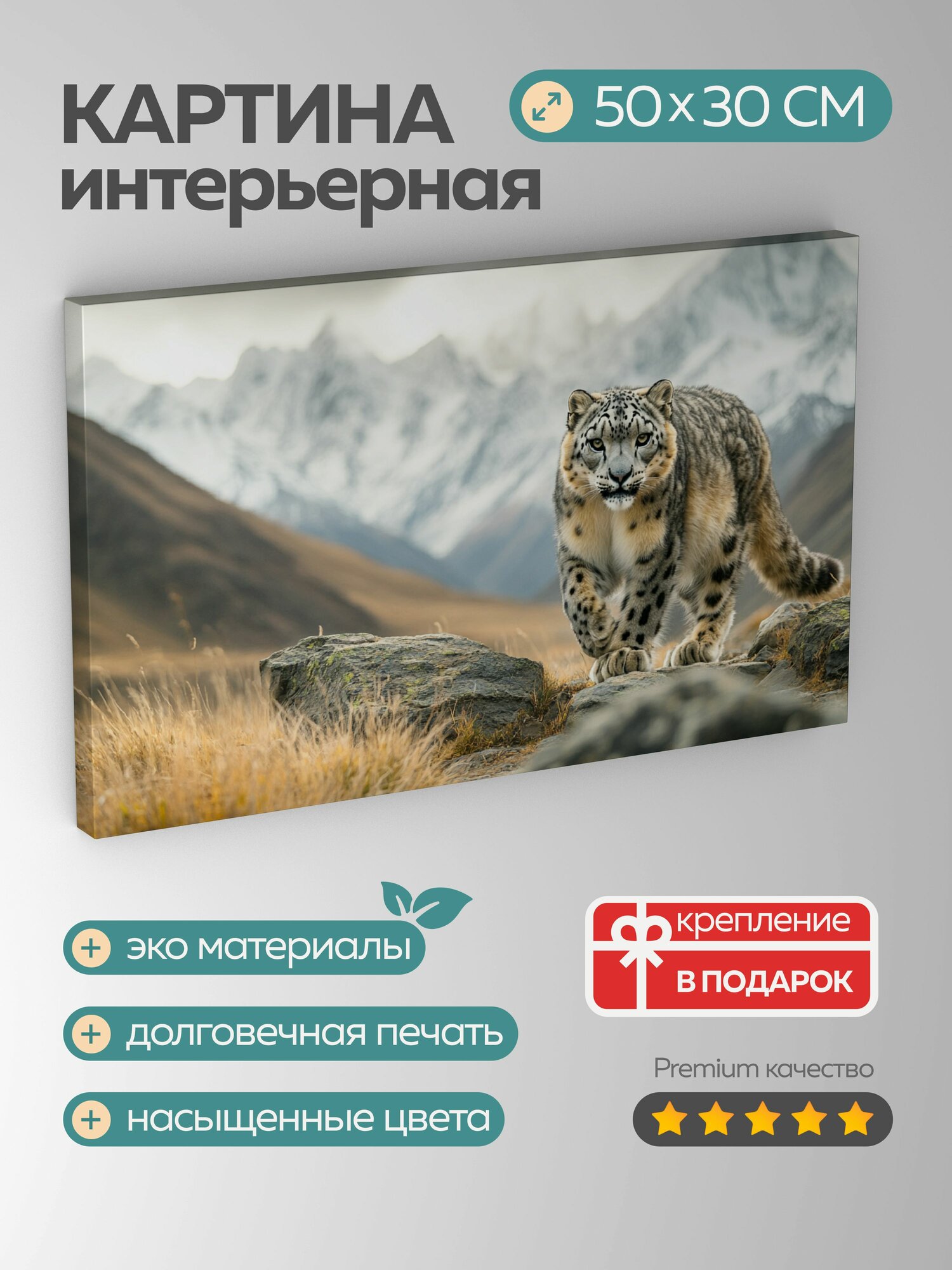 Картина на холсте интерьерная 50х30 см, Снежный барс, естественная среда, Sony G Master 100-400 мм, заснеженные вершины