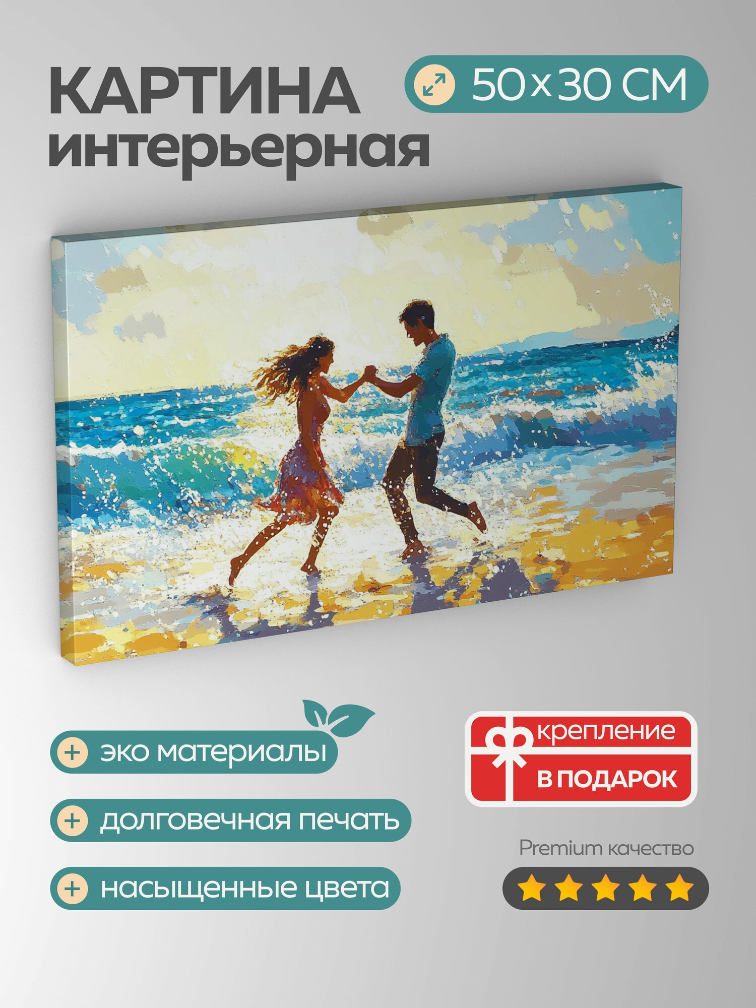 Картина на холсте интерьерная 50х30 см, пляж, океан, волны, песок, солнце, танец, друзья, радость, фотография