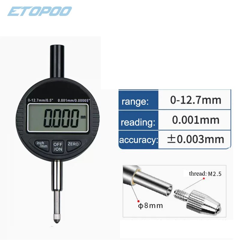 ETOPOO Цифровой микрометр глубиномер 0-12.7/25.4/50 мм indicator 12.7x0.001
