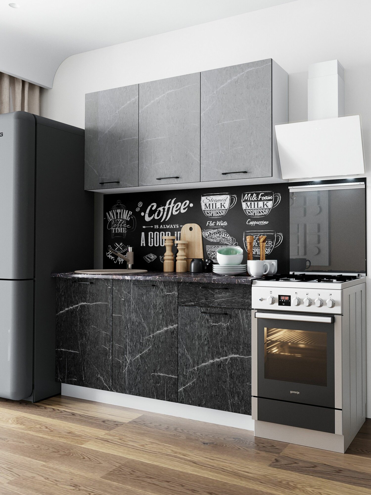 Кухонный гарнитур Марбл МДФ 1,5м мрамор лайт/дарк без столешницы