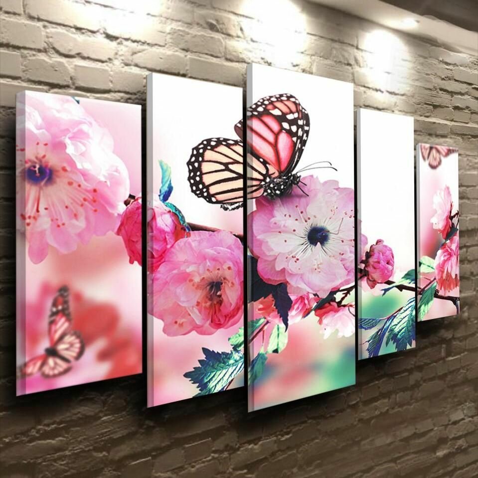 Modul007 Модульная картина для интерьера на стену "Бабочка на цветке" 140х80 см, 5 модулей
