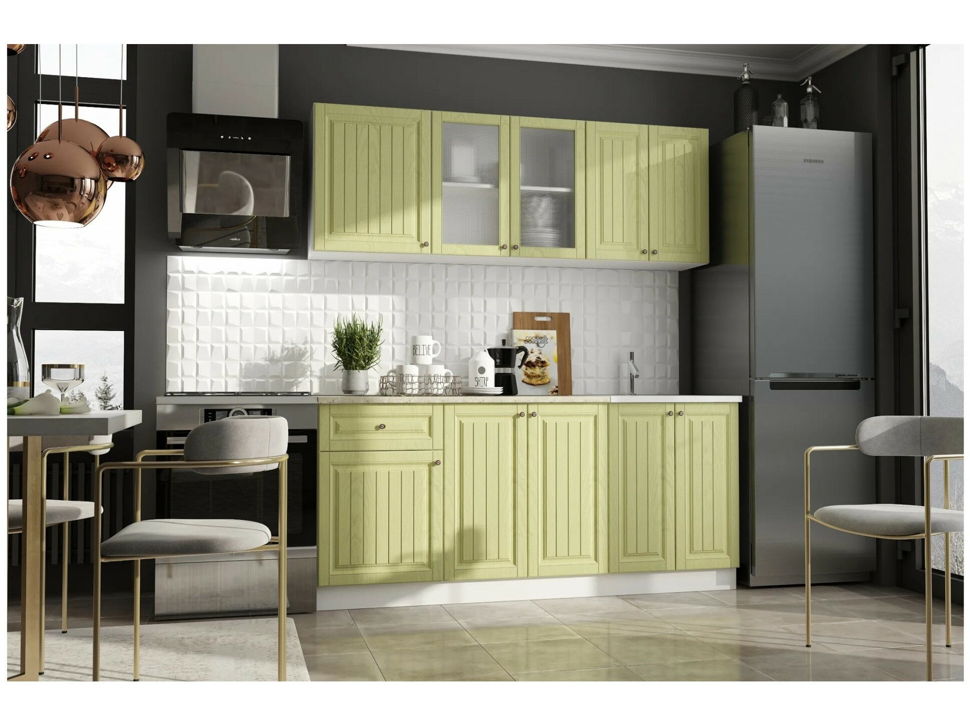 Кухонный гарнитур 1800 в стиле прованс, с МДФ фасадами, Фисташка/белый