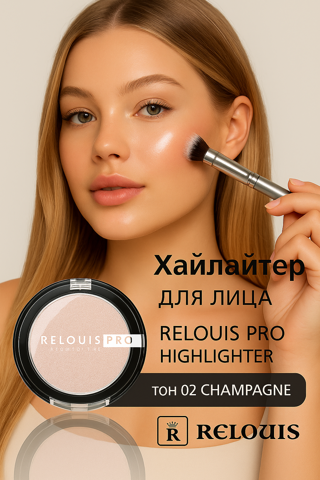 RELOUIS PRO Хайлайтер HIGHLIGHTER тон 02 champagne, компактная текстура, оптимальная стойкость, космическое сияние