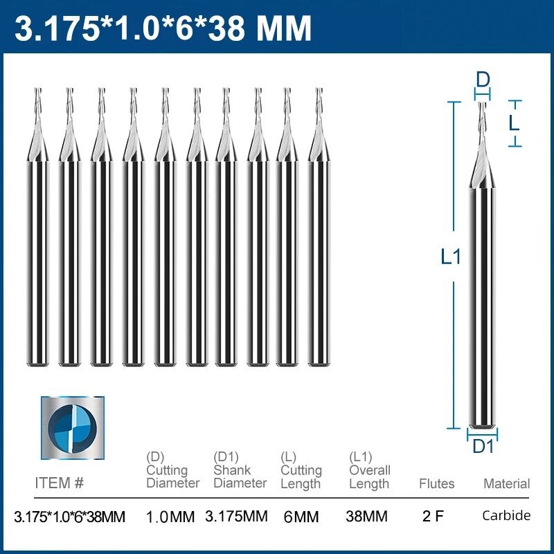 Фреза XCAN, 10 шт, 3,175 мм (1/8 дюйма), 2 флейты, плоская концевая фреза, твердосплавная концевая фреза с ЧПУ для деревообработки 3.175x1x6mm