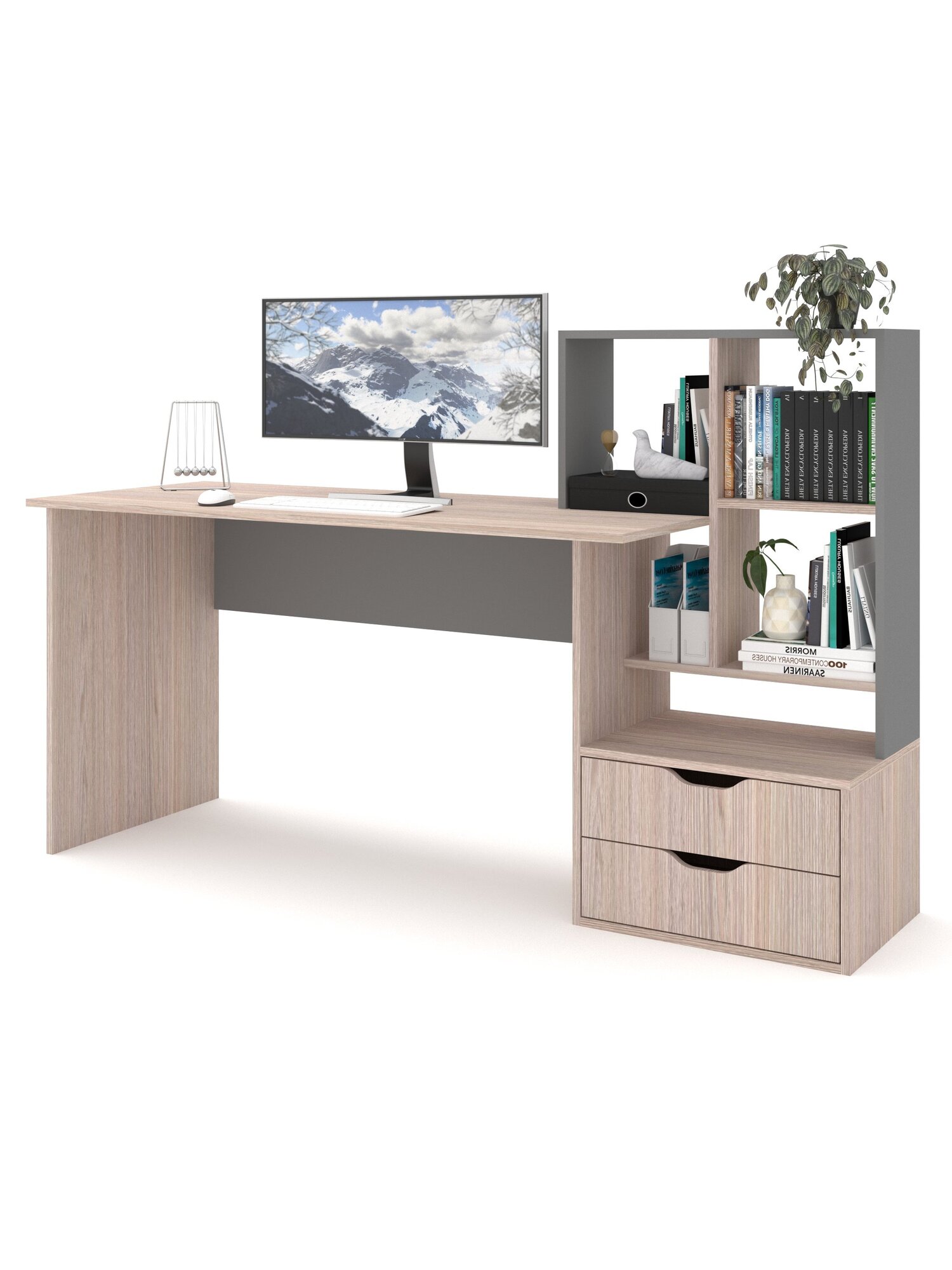 Есэндвич Лаворо 5 Компьютерный стол со стеллажом и ящиками 170х110х60 см правый (Анкор светлый/Вулканический серый)