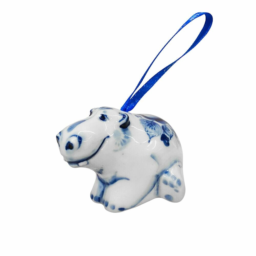 Елочная игрушка Гжельский фарфоровый завод "Бегемотик", ручная роспись, 1 шт
