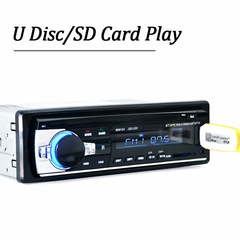 Автомагнитола с Bluetooth и FM-радио, 4x60Вт, USB/SD, громкая связь, для авто 12В, пульт ДУ.