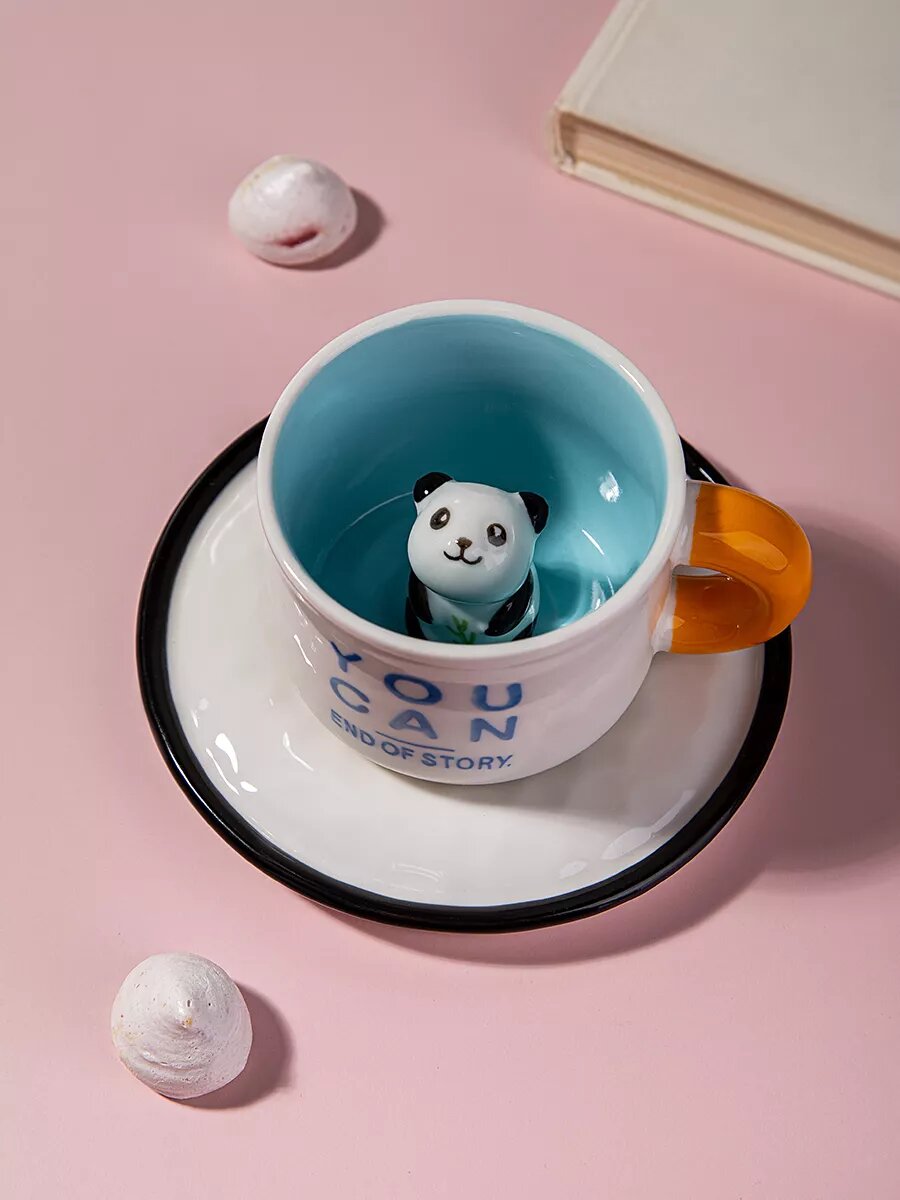 Чайная пара DB HOMME "Панда", кружка с блюдцем, керамика, желтая, 400мл