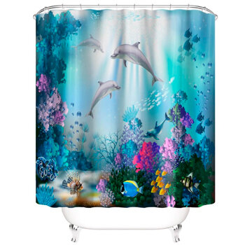 Штора для ванной комнаты с кольцами фотопечать "Дельфины-2" 180х180