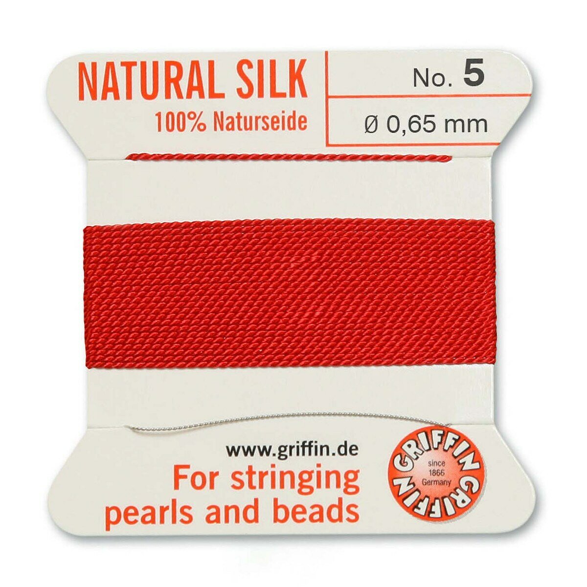Нить шелковая, Griffin No.5 (0.65мм), красная, с иглой, моток, 2 метра