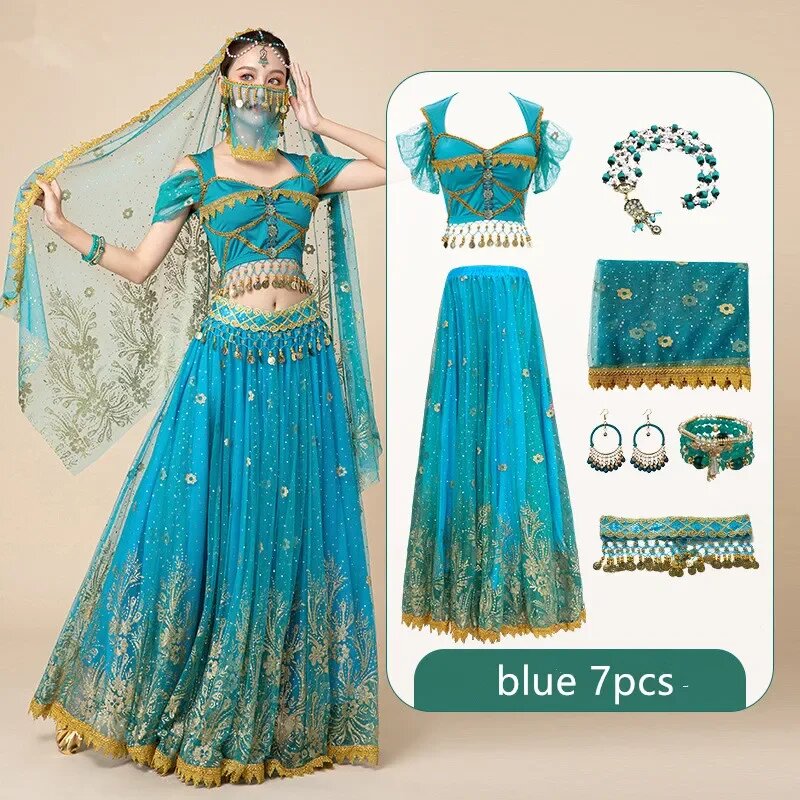 Костюм для танца живота, вискоза, спандекс L, Blue 3-7pcs Set