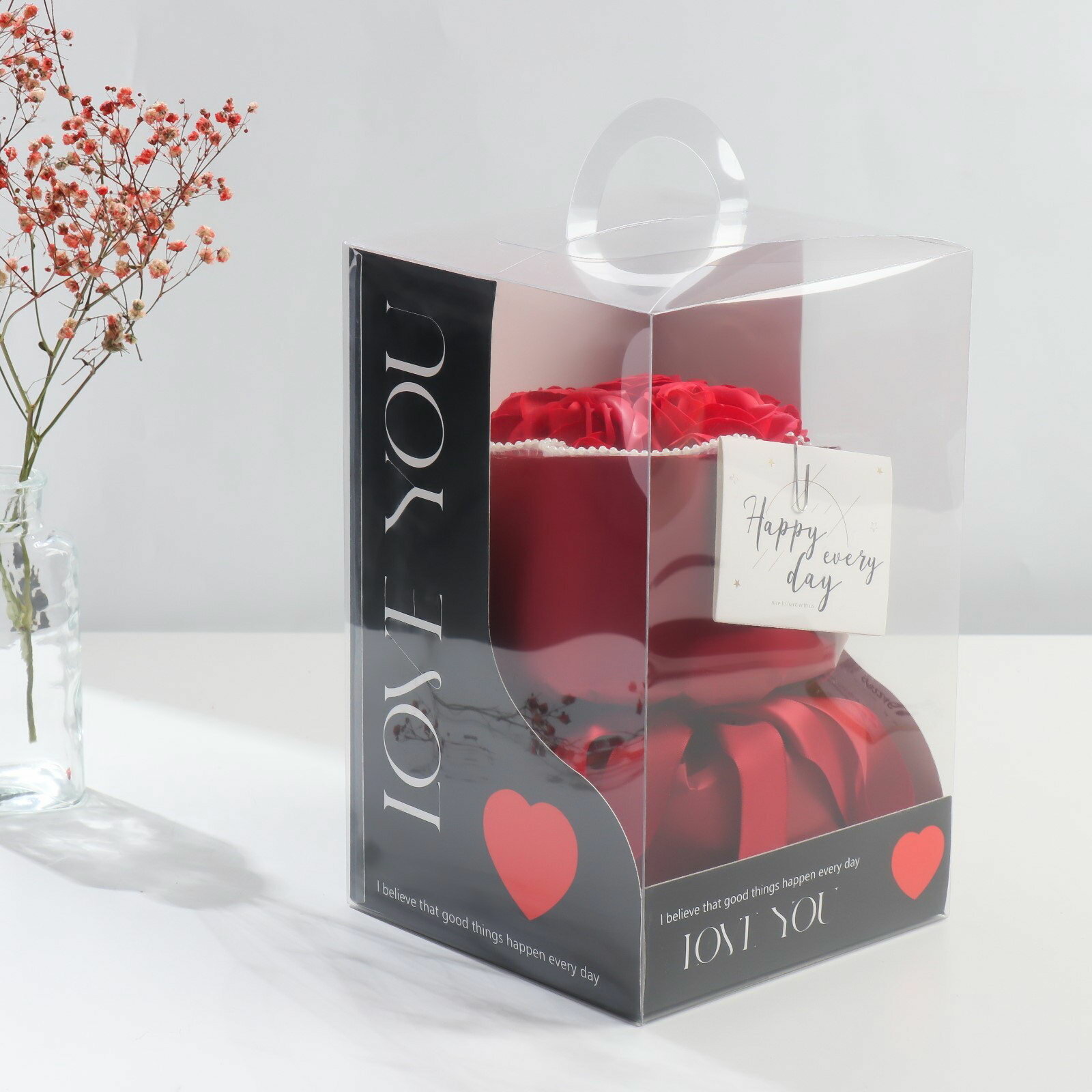 Букет из мыльных лепестков для ванны "Алые розы", подарочный, 17x17x27 см