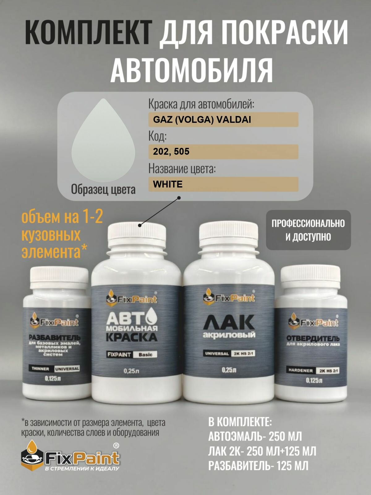 Комплект для покраски GAZ (VOLGA) VALDAI, код 202, 505, WHITE, базовая автомобильная эмаль 250 мл, лак 2K 250 мл с отвердителем, разбавитель 125 мл, FixPaint Pro