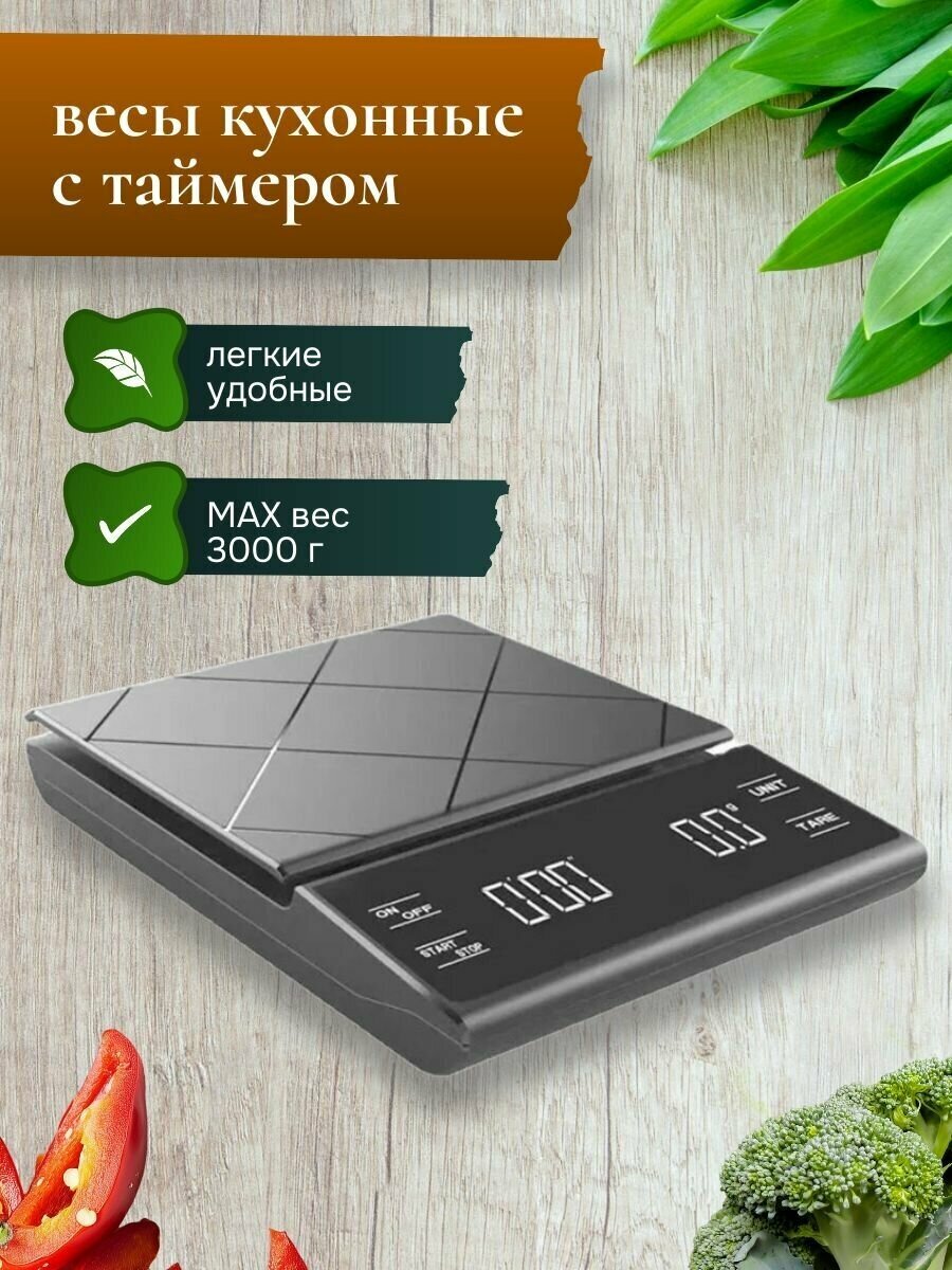 Электронные кухонные весы с таймером / Умное устройство для взвешивания кофе и других продуктов до 3000 г