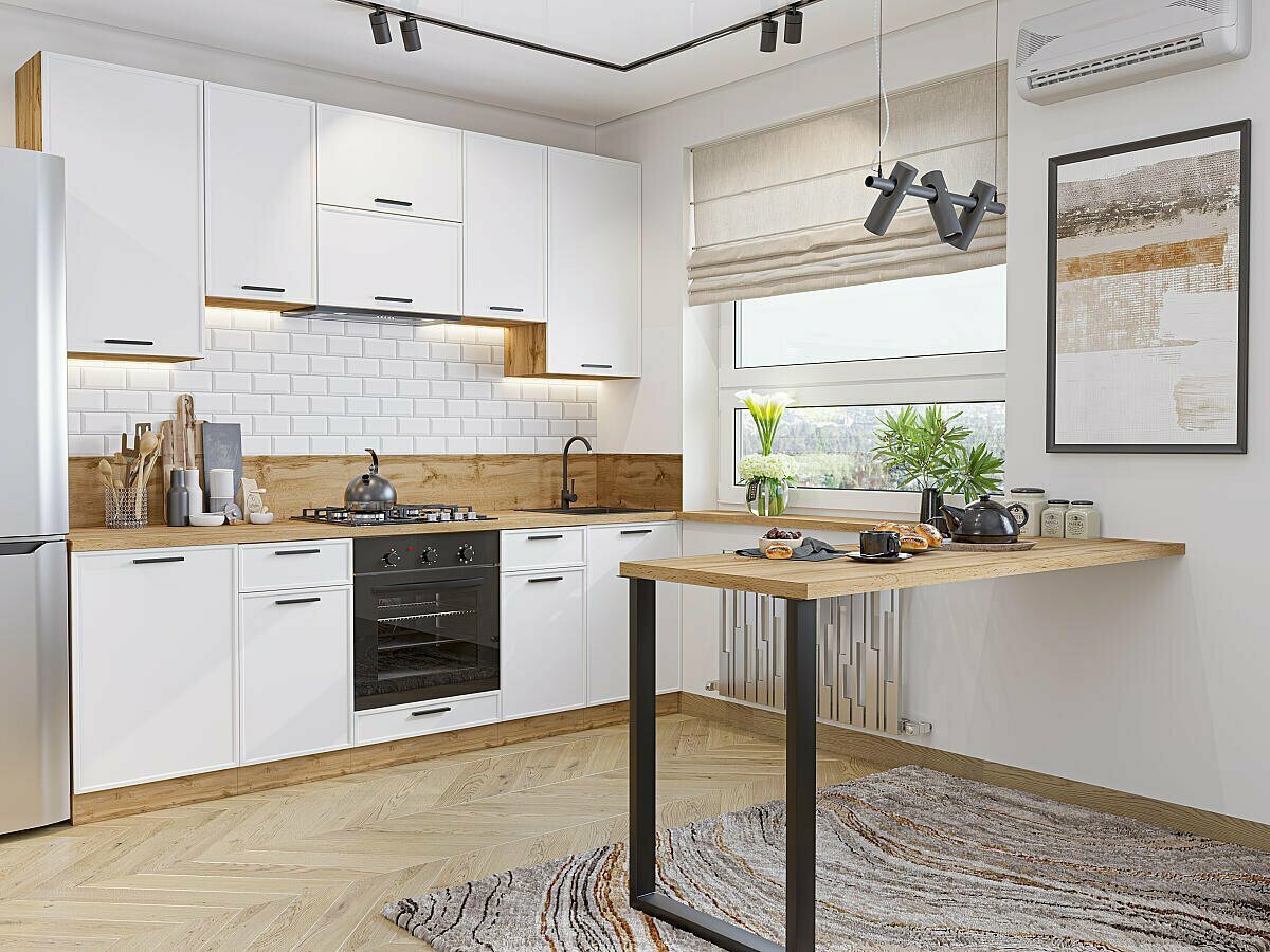 Готовый кухонный гарнитур 2,4 м кухня прямая 240 см Фрейм-05 240х60х234 White Silk со столешницей