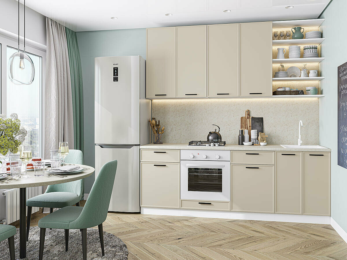 Готовый кухонный гарнитур 2.2 метра кухня без столешницы Фрейм-02 Cream Silk. Белый