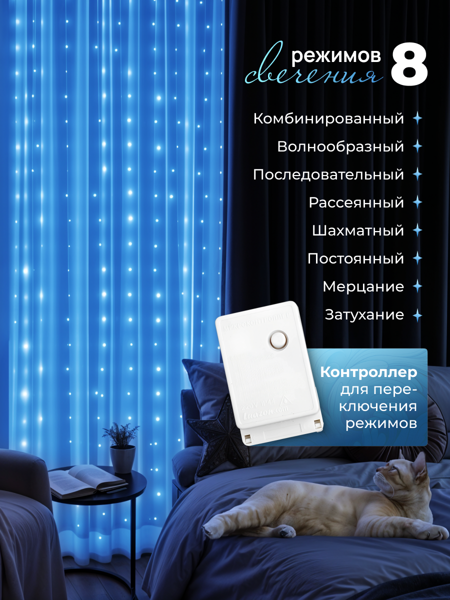 Светодиодная гирлянда штора , гирлянда на окно, 3х2 м,320ламп, синяя.