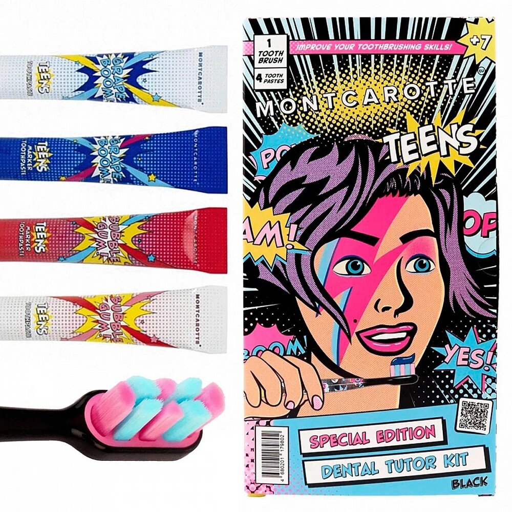 Набор MontCarotte TEENS DENTAL TUTOR KIT Black, черный (зубная щетка, пасты и индикация налета)