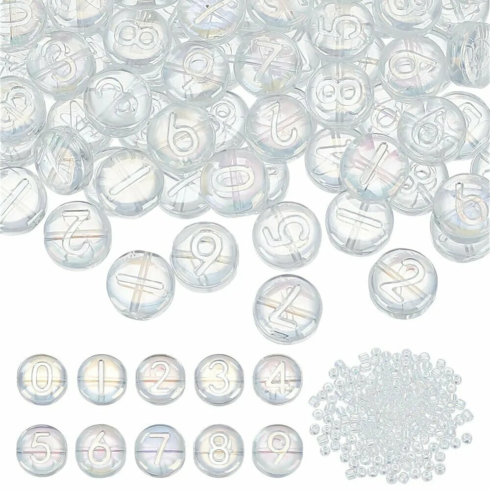 1 набор стеклянных бусин с гальваническим покрытием, плоских круглых, с цифрами, прозрачных