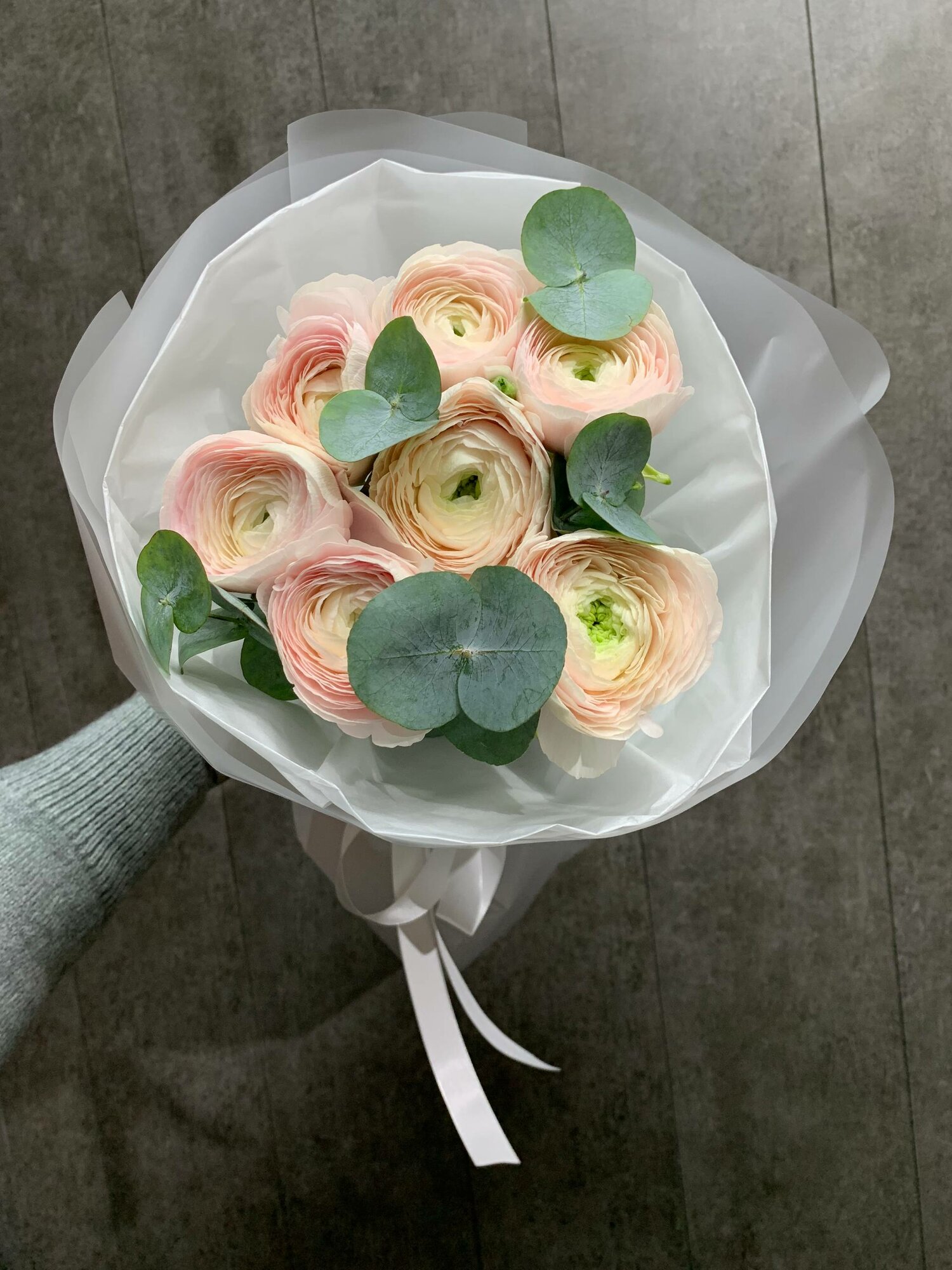 Букет из розовых ранункулюсов Леди с ветками эвкалиптом ( 7 шт), Монобукет из 7 кремовых ранункулюсов Ханой и веток эвкалипта