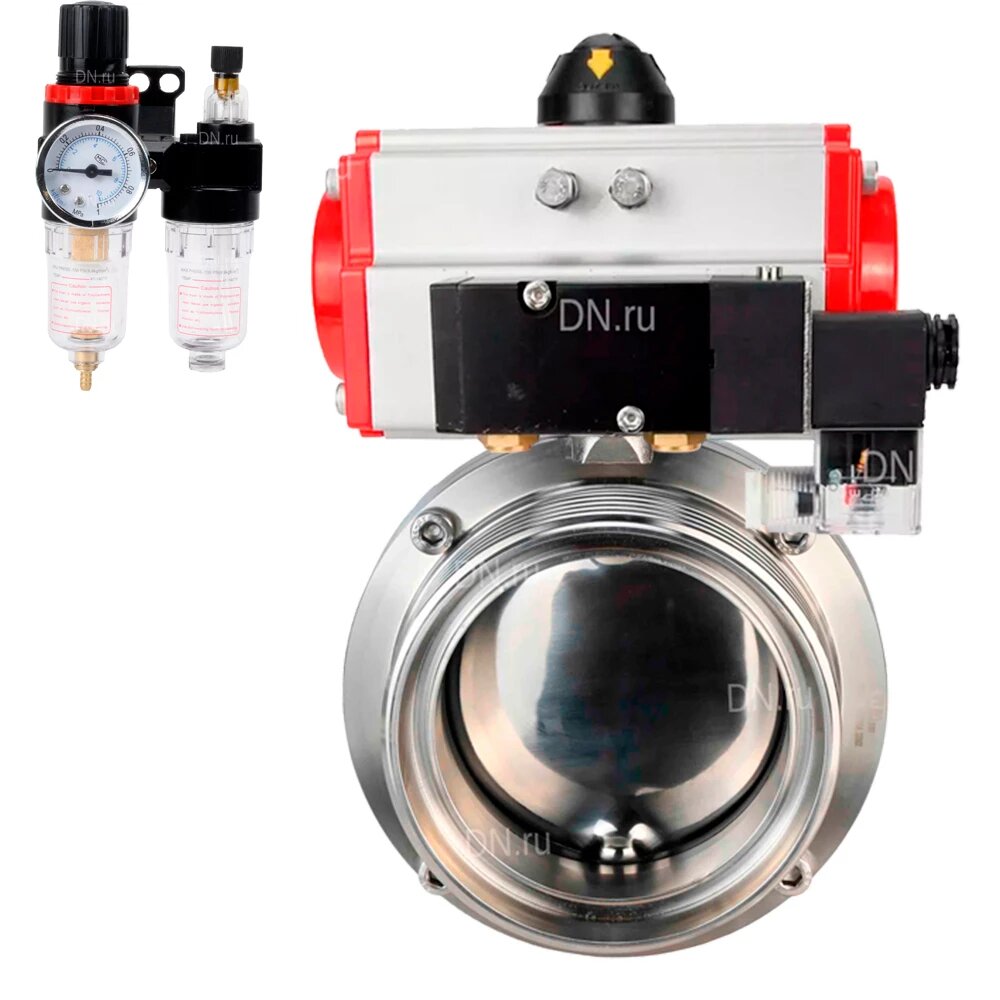 Затвор дисковый поворотный DN.ru 304-304-EPDM-2W-T-H Ду25 Ру10 пищевая нержавеющая сталь 304, уплотнение - EPDM, с пневмоприводом DN.ru SA-065, пневмораспределителем DN.ru PND2-S1EM-52-1NC-J08-220VAC и БПВ DN.ru APU1-10-40-V08