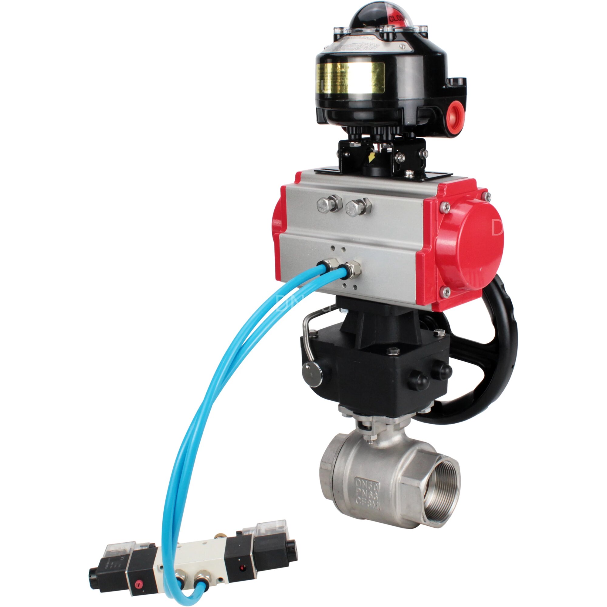 Кран шаровой DN.ru кшмп.316.230 2" Ду50 Ру63 полнопроходной двухходовой, нержавеющая сталь SS316, внутренняя резьба, уплотнение - PTFE, с пн. приводом DA-083 пн. распределителем PND1-S2EM-52-2-T10-220VAC редуктором HDM-2 БКВ LSB-510-02ExM12-250