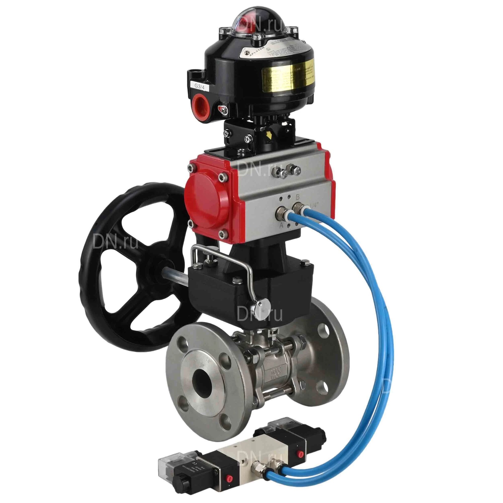Кран шаровой DN.ru кшфпт 304.180 Ду25 Ру40 фланцевый, полнопроходной, 3-составной, нержавеющая сталь SS304, уплотнение PTFE, с пневмоприводом DA-052 пневмораспределителем PND1-S2EM-52-2-T10-220VAC редуктором HDM-1 БКВ LSB-510-02ExM12-250