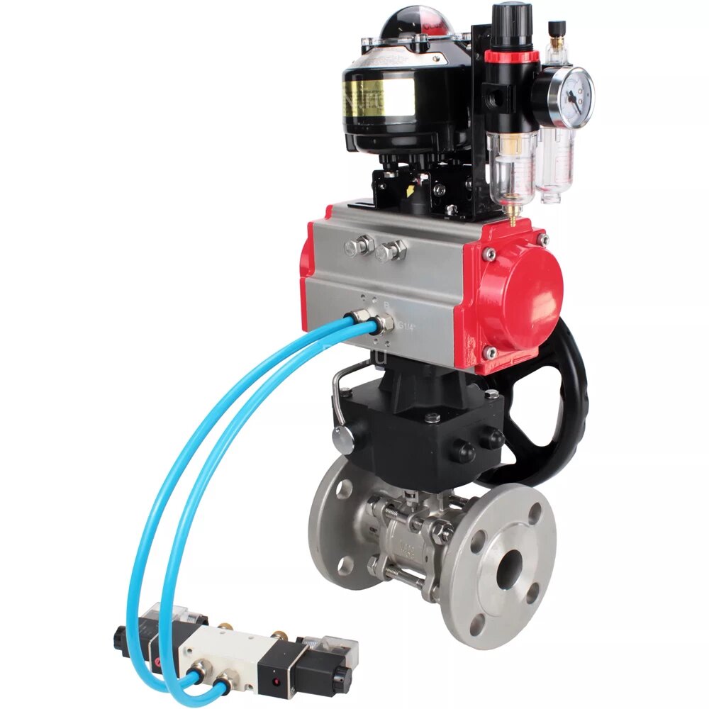 Кран шаровой DN.ru 316-316-FP-F-ISO-H Ду65 Ру40 фланцевый, нержавеющая сталь 316, полнопроходной, уплотнение - PTFE, с пн. приводом DA-083, пн. распределителем PND1-S2EM-52-2-T10-220VAC, БКВ LSB-510-02ExM12-250, ручным дублером HDM-2, БПВ APU1-10-40-V08