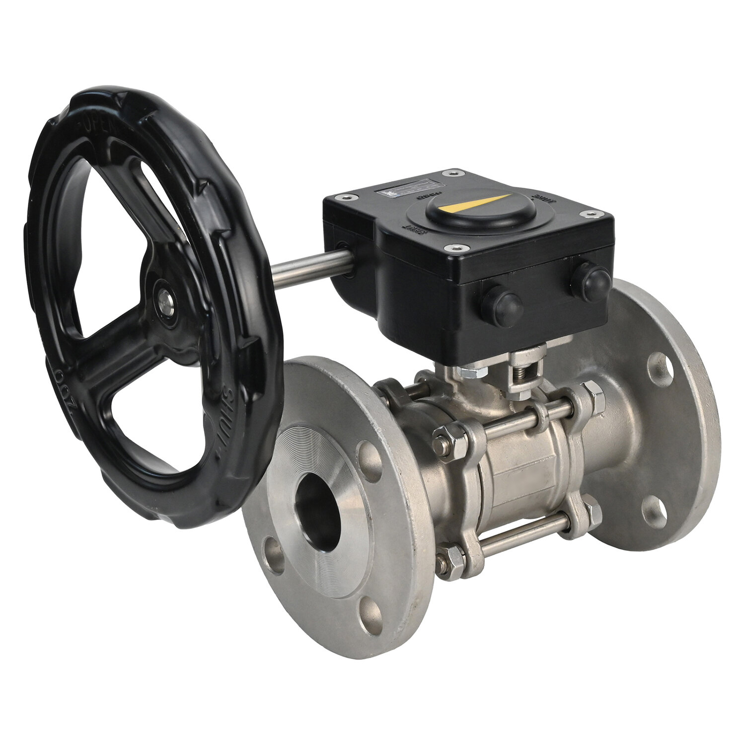 Кран шаровой DN.ru кшфпт-iso.316.180 Ду20 Ру40 трехсоставной из нержавеющей стали SS316, уплотнение - PTFE, фланцевый, полнопроходной с ISO-фланцем и редуктором DN.ru HGBF-1 с индикатором положения и датчиком обратной связи