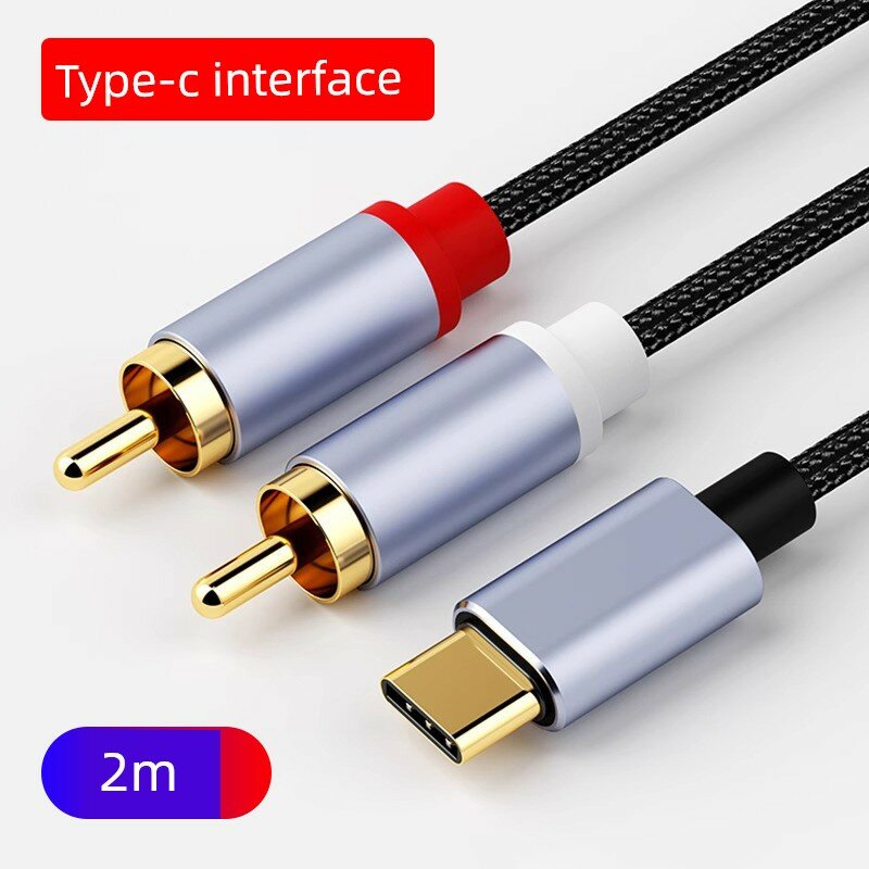 Кабель аудио Type-C к двойному RCA, 2 метра, оплетенный для смартфонов Huawei и ретро-колонок, выход AUX