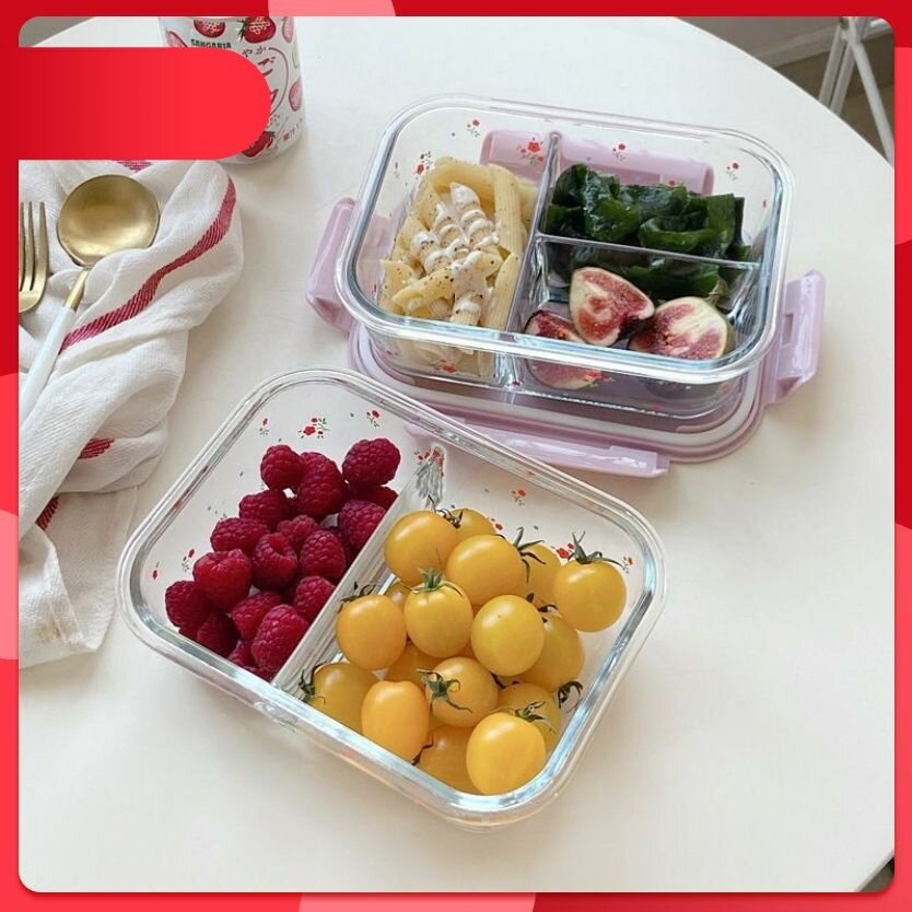 Эксклюзивный контейнер для хранения риса и обедов прямоугольной формы из стекла, оснащенный розовой крышкой с красными цветами, двумя отсеками, устойчивый к нагреванию в микроволновой печи