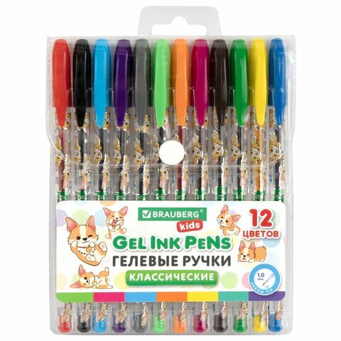 Ручки гелевые классические BRAUBERG KIDS "CUTE ANIMALS", набор 12 цветов, корпус с печатью, узел 1 мм, линия письма 0.7 мм, 144445