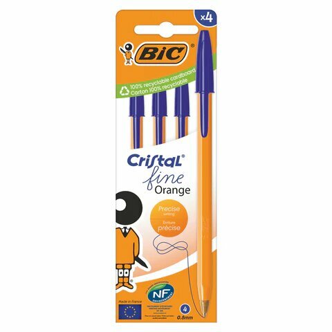 Ручки шариковые BIC "Orange Original Fine", набор 4 шт, Синие, узел 0.8 мм, линия письма 0.3 мм, пакет, 8308521
