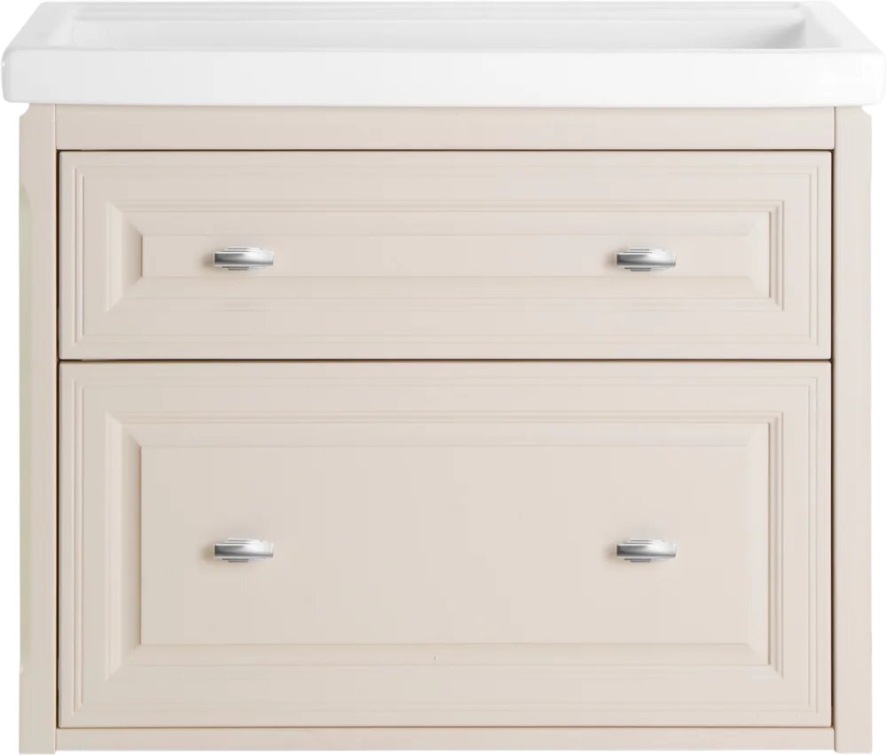 Тумба с раковиной ASB-Woodline Кастелло 80 подвесная, 81, 5 см, бежевая, матовая, с ящиками, раковина для ванной фарфоровая, прямоугольная, встроенный слив-перелив