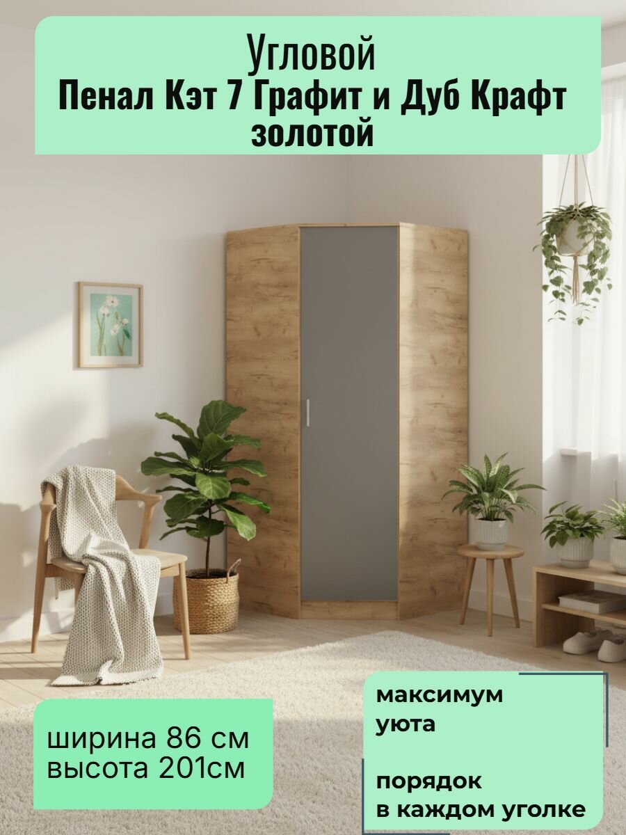 Пенал угловой Кэт 7 Графит и Дуб Крафт золотой, ширина 86 см, угловой шкаф, со штангой, с полками в спальню, в прихожую