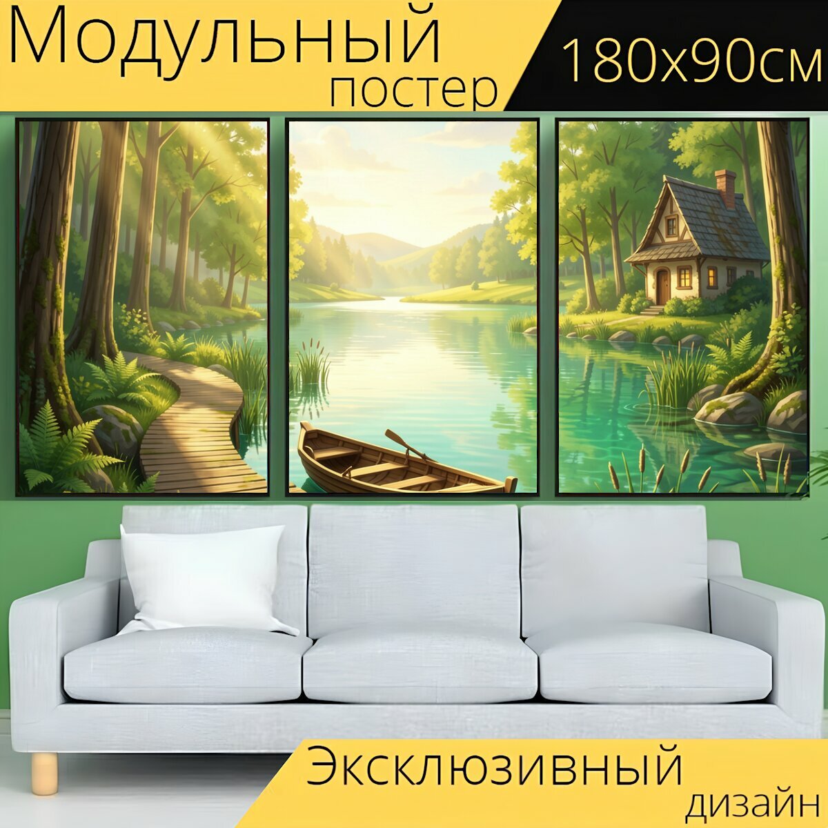 Модульный постер "Уютный дом у лесного озера. Сказочный летний пейзаж с прозрачной водой, деревянной лодкой, лесной тропой и светлым." 180 x 90 см. для интерьера на стену в тубусе