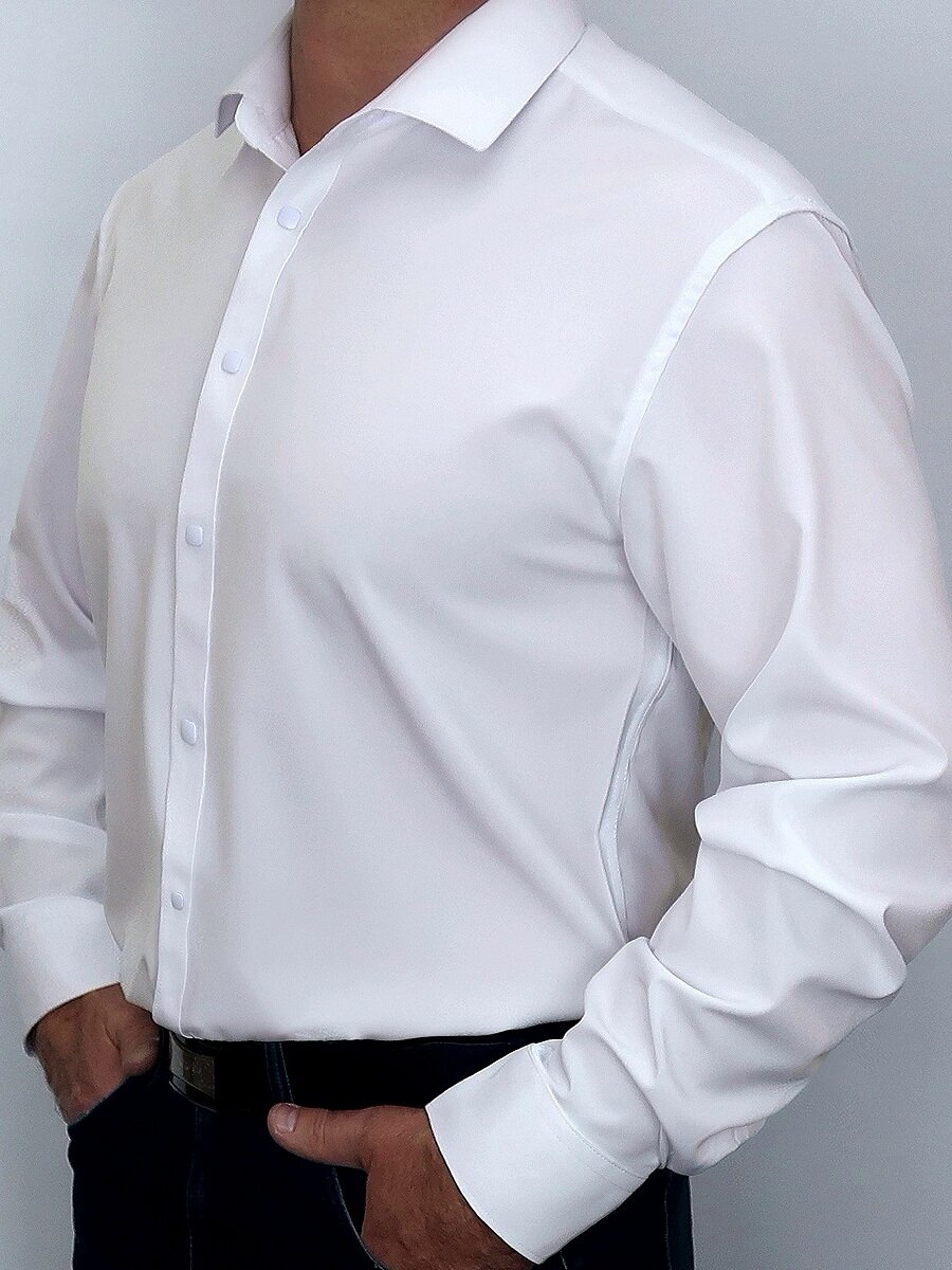 Рубашка Рубашка мужская с длинным рукавом, приталенная, светлая сорочка, на кнопках, рубаха на лето и на любой сезон, стильный фасон одежды, красивый и модный образ, белая однотонная, летняя без карманов