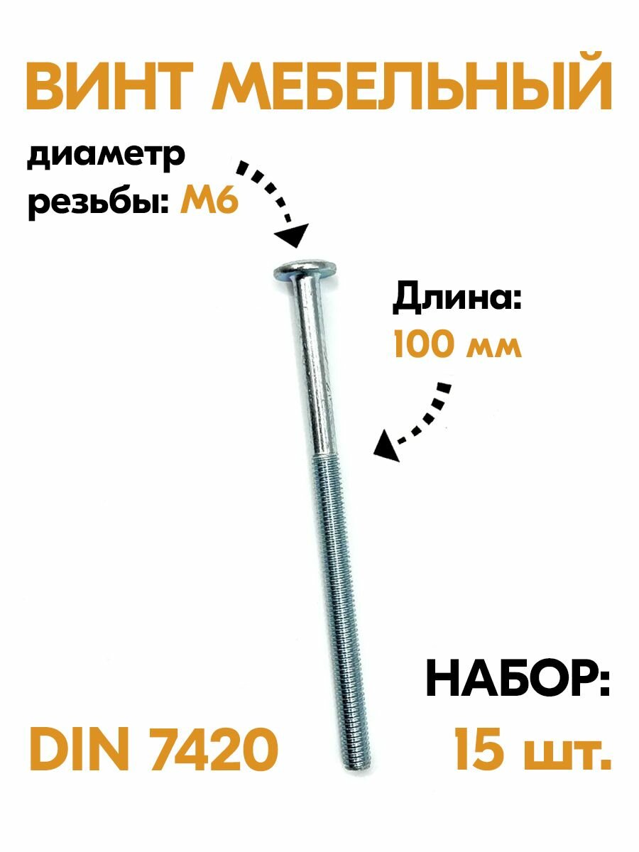 Винт мебельный с плоской головкой и внутренним шестигранником М6х100 мм DIN 7420, оцинкованная сталь, 15 шт.