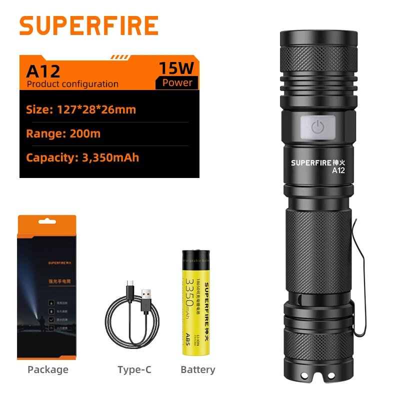Мощный светодиодный фонарь SUPERFIRE A12 с USB-C зарядкой, регулируемым фокусом, A12-3350mAh