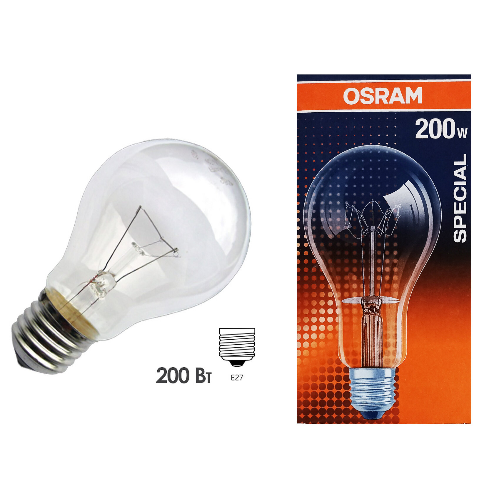 1шт/уп. Лампа Накаливания Вибростойкая Груша 200Вт 220V E27 2500Лм D-80mm L-166mm. Специальная лампа Взрывобезопасная Свет Теплый белый Osram, уп. 1шт